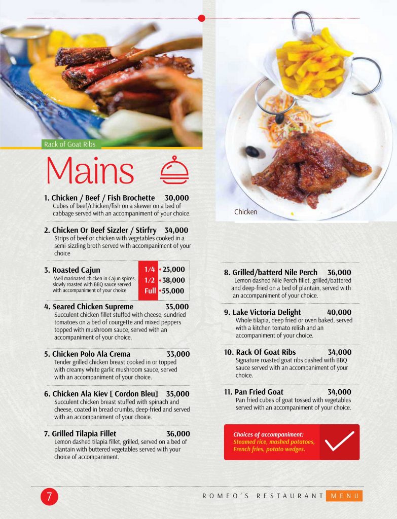 MAINS - ROMEOS RESTAURANT MENU