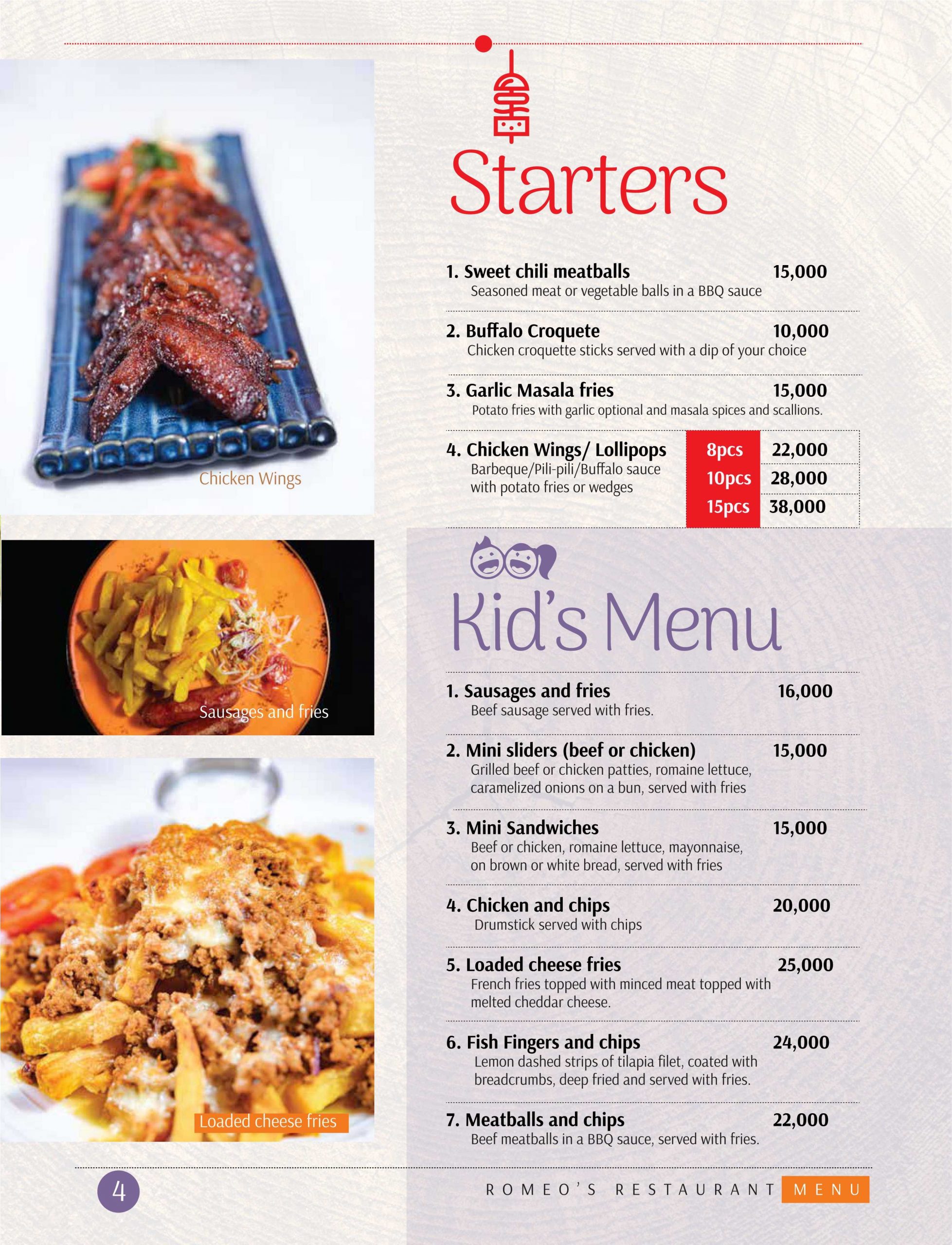 STARTERS & KIDS MENU - ROMEOS RESTAURANT MENU